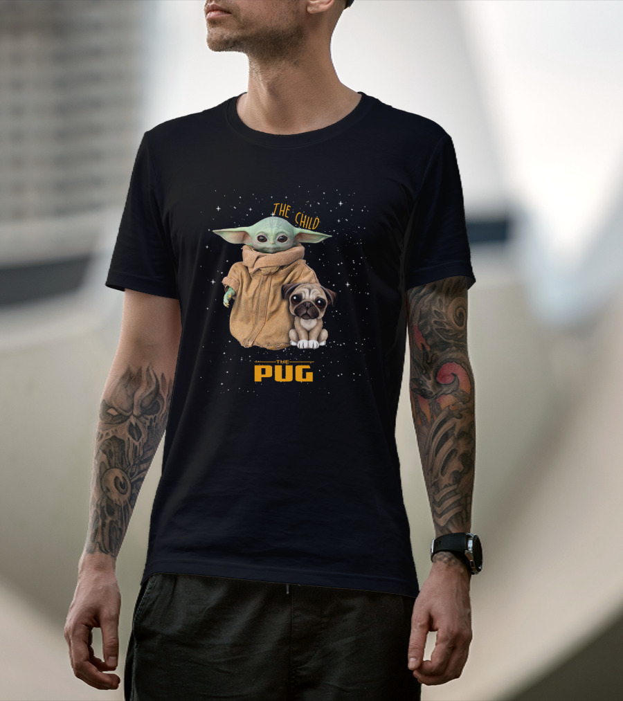 The Child Baby Yoda And Pug In Starry Space Scene T-Shirt