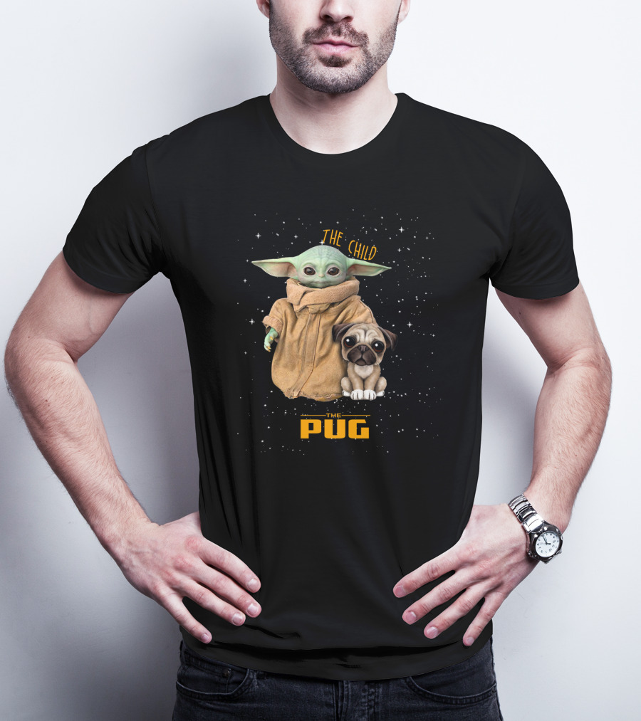 The Child Baby Yoda And Pug In Starry Space Scene T-Shirt