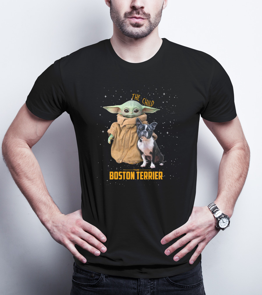 The Child Baby Yoda And Boston Terrier Duo In Space T-Shirt