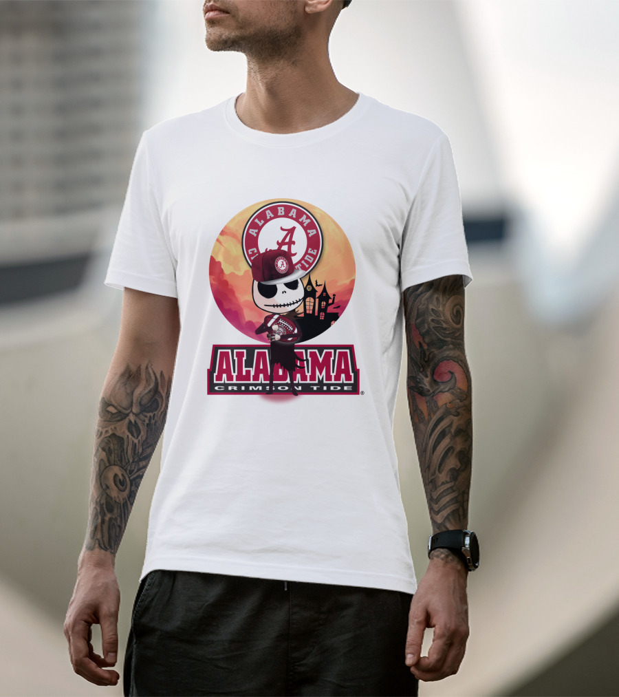 Alabama Crimson Tide Skeleton Character Holding Football In Front Of Haunted House T-Shirt