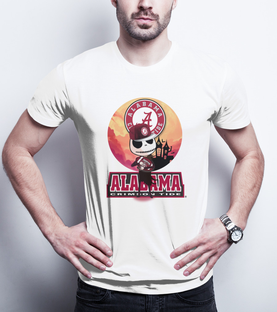 Alabama Crimson Tide Skeleton Character Holding Football In Front Of Haunted House T-Shirt