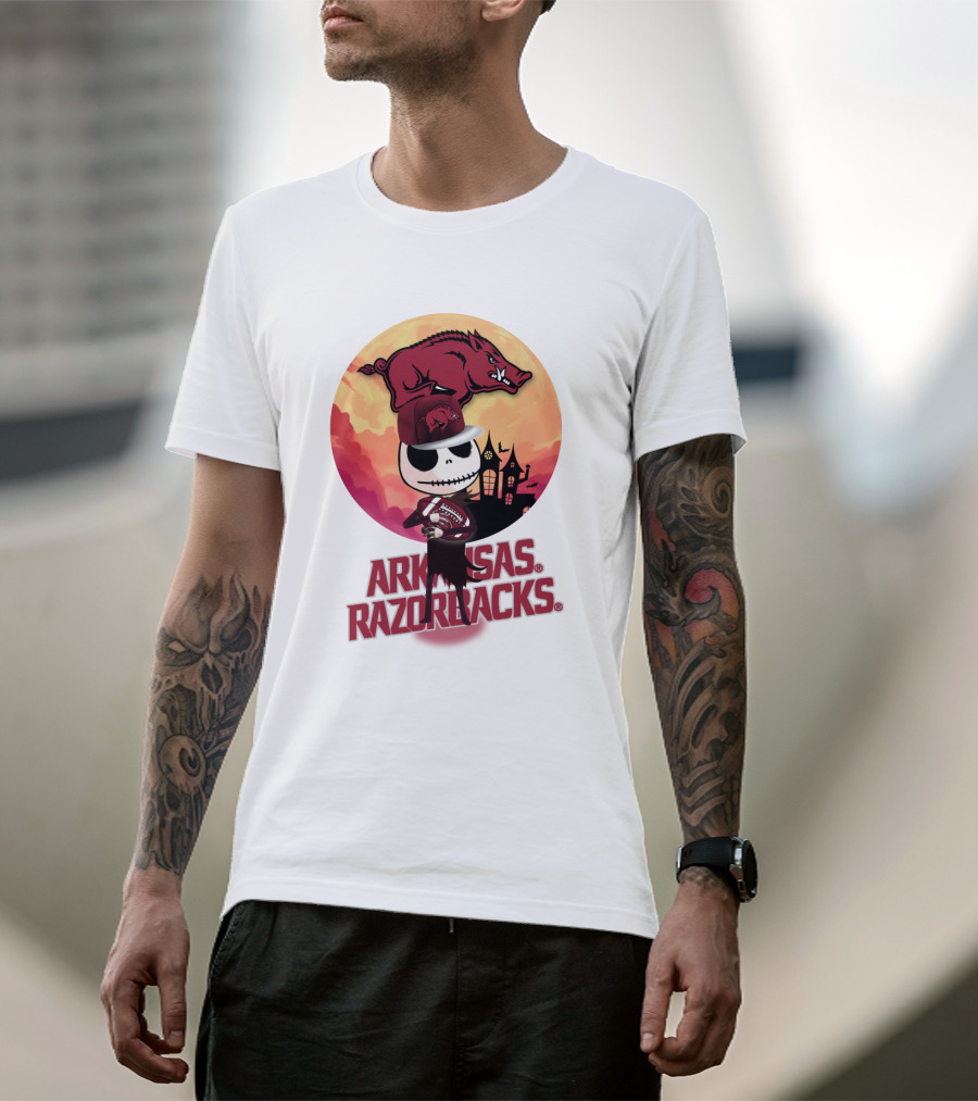 Arkansas Razorbacks Halloween Skull Character With Cap And Football T-Shirt