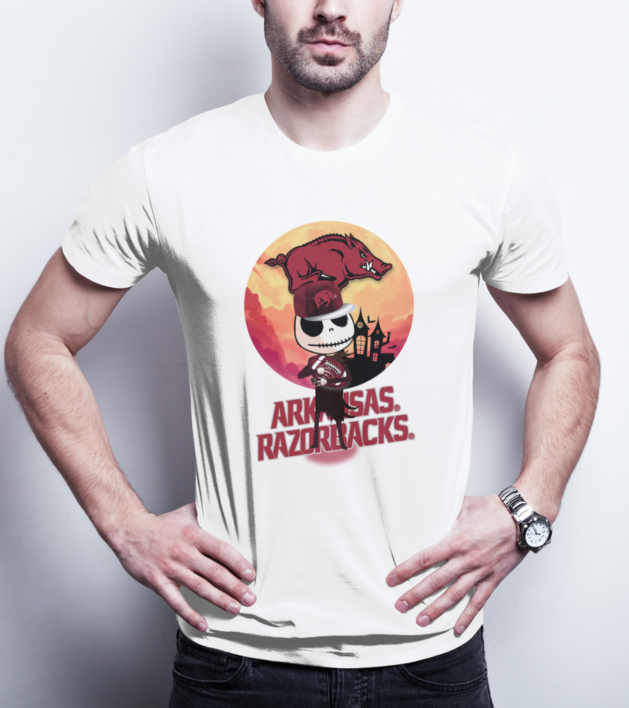 Arkansas Razorbacks Halloween Skull Character With Cap And Football T-Shirt