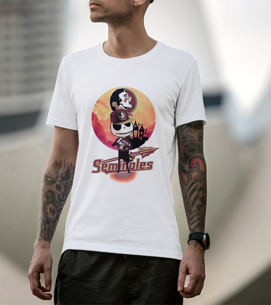 Seminoles Skeleton Character With Florida State Logo And Haunted House Scene T-Shirt