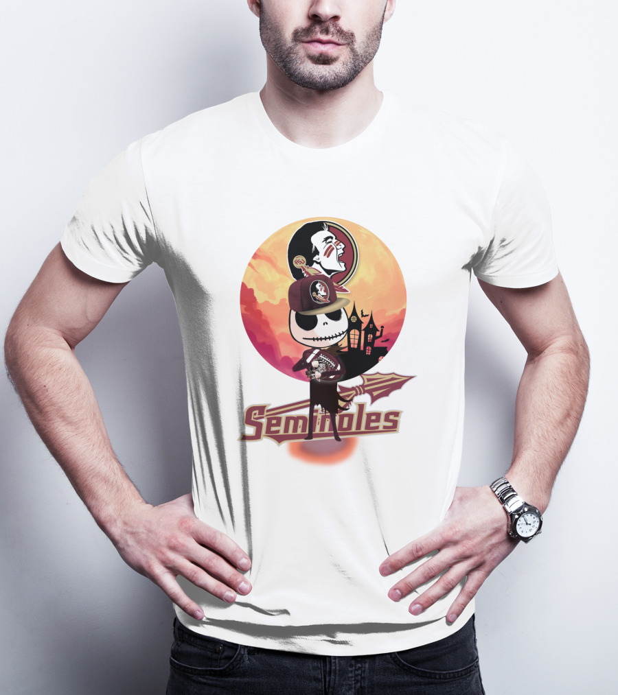 Seminoles Skeleton Character With Florida State Logo And Haunted House Scene T-Shirt
