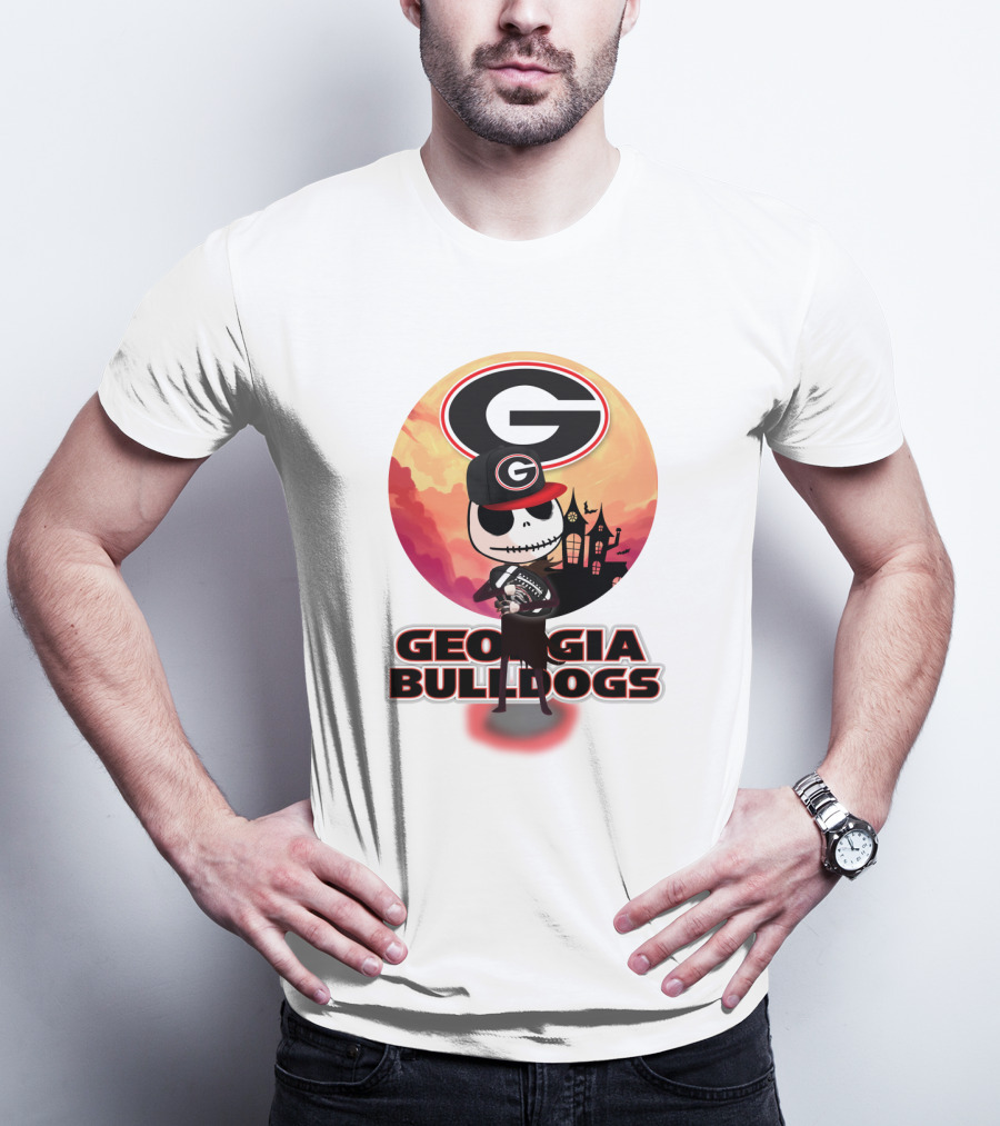 Georgia Bulldogs Skull And Football Scene With Gothic Castle T-Shirt
