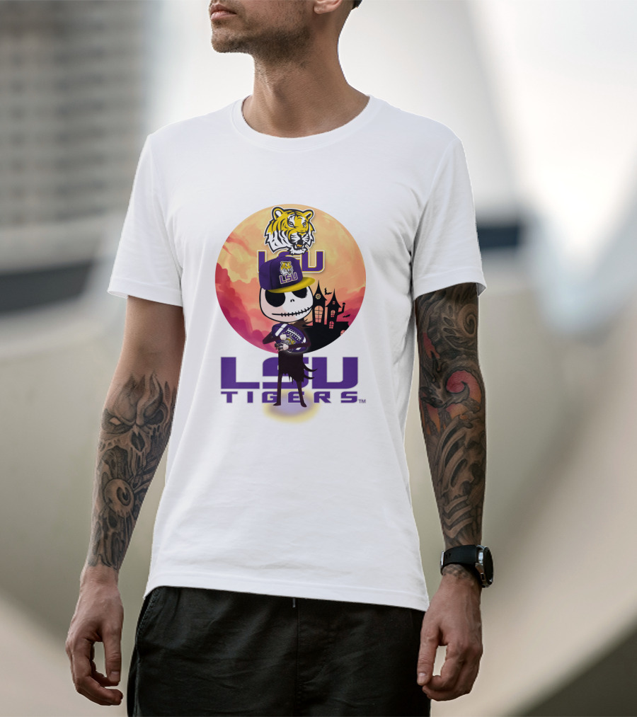 Lsu Tigers Halloween Skeleton In Hat With Tiger And Haunted House T-Shirt