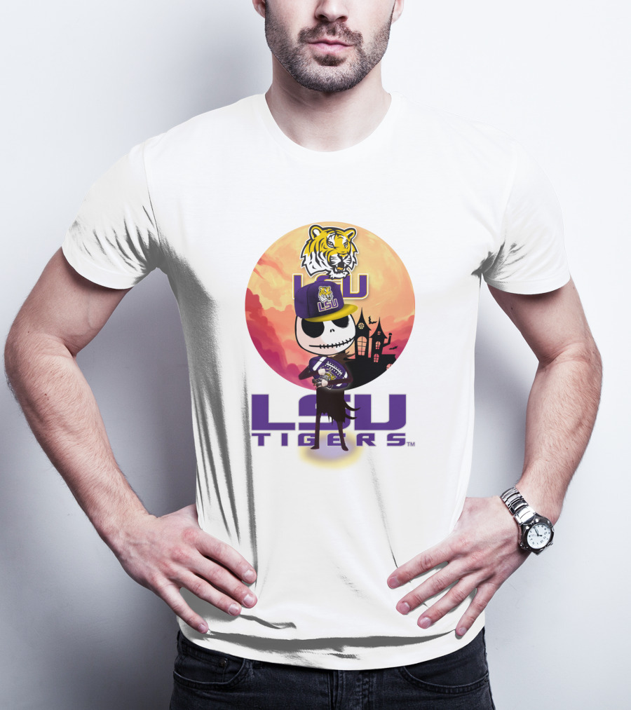 Lsu Tigers Halloween Skeleton In Hat With Tiger And Haunted House T-Shirt