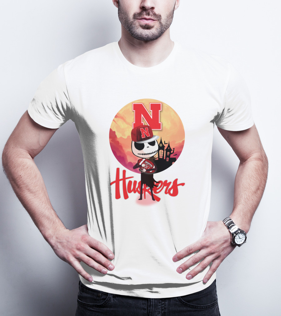 Nebraska Huskers Skeleton Character Halloween Football Scene T-Shirt