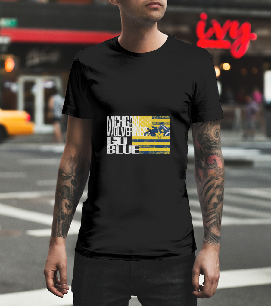 Michigan Wolverines Go Blue Football Helmet And Flag T-Shirt