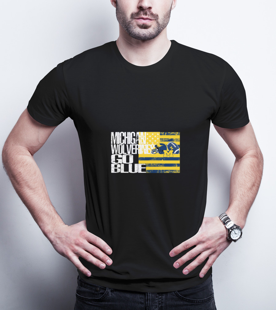 Michigan Wolverines Go Blue Football Helmet And Flag T-Shirt