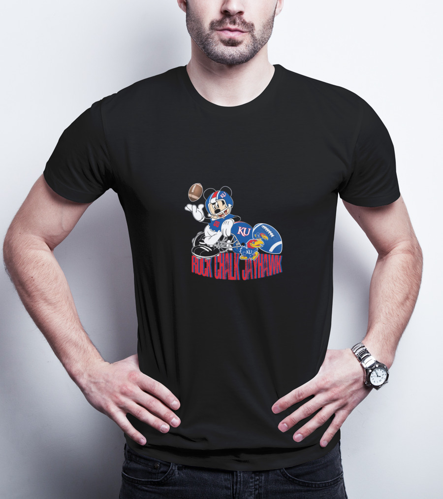 Ku Rock Chalk Jayhawk Football Mickey Mouse T-Shirt
