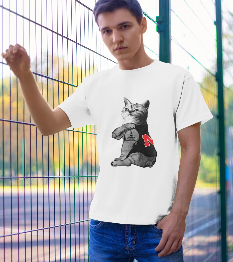 Nebraska Cornhuskers Cat Wearing Black Jersey With Red N T-Shirt