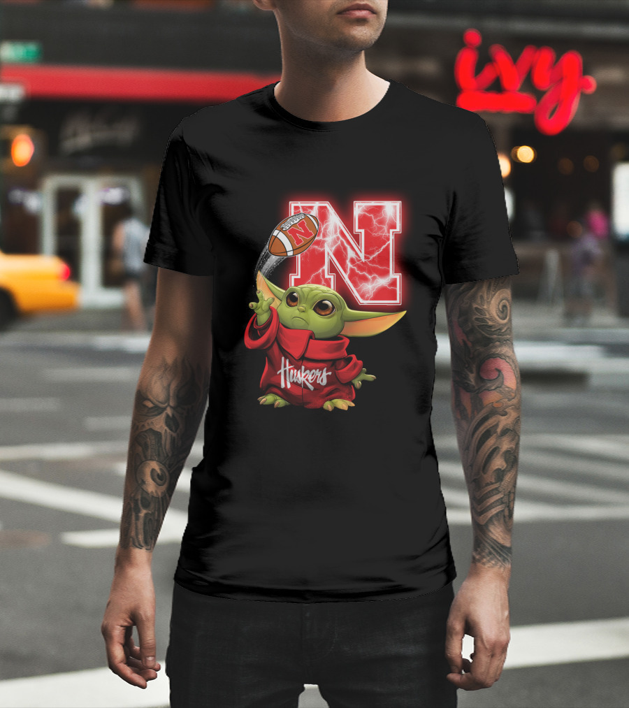 Huskers Baby Yoda Football Nebraska N T-Shirt