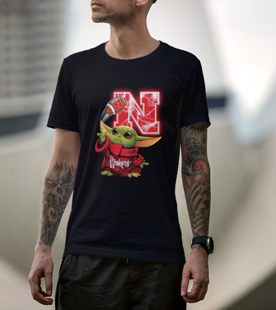 Huskers Baby Yoda Football Nebraska N T-Shirt