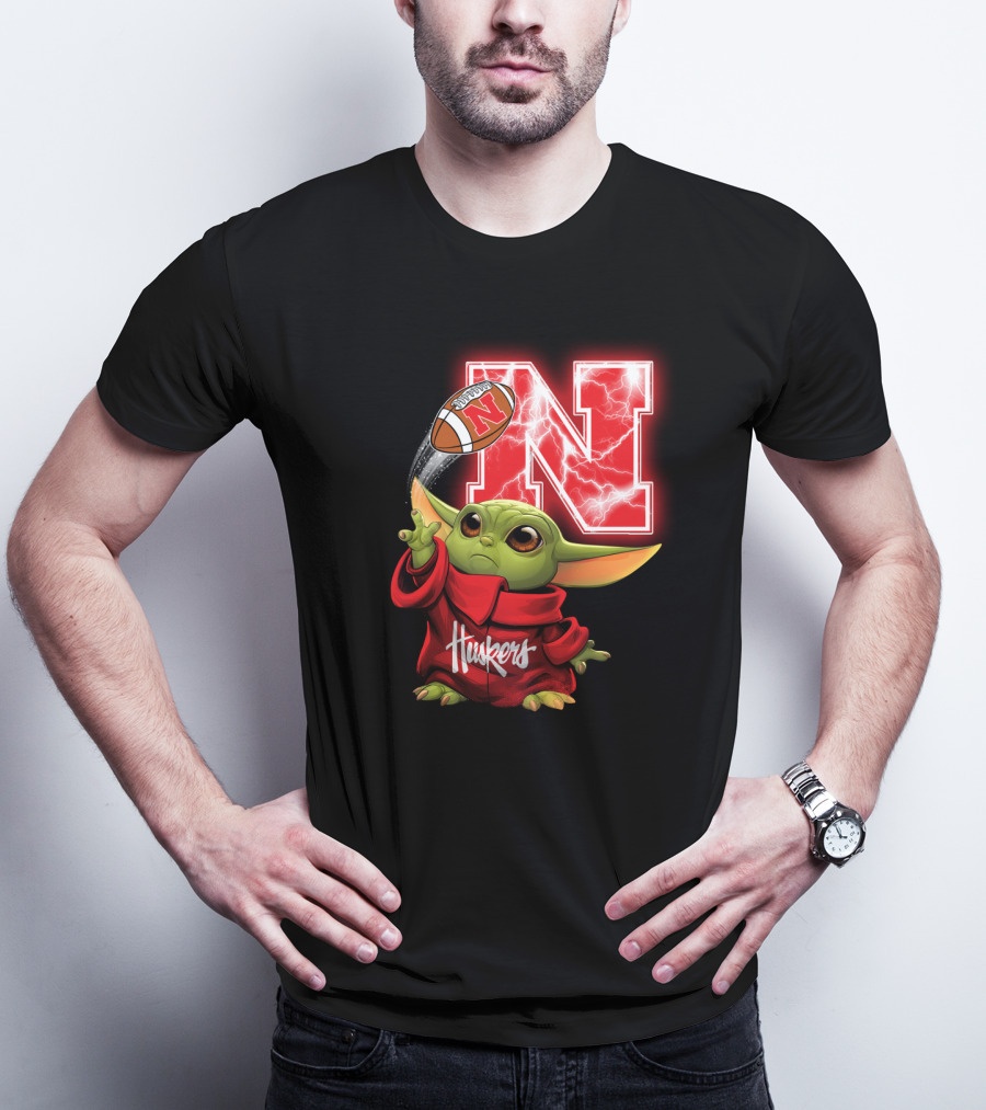 Huskers Baby Yoda Football Nebraska N T-Shirt