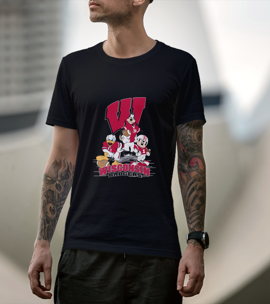 Wisconsin Badgers Donald Duck Goofy Mickey Mouse Football T-Shirt
