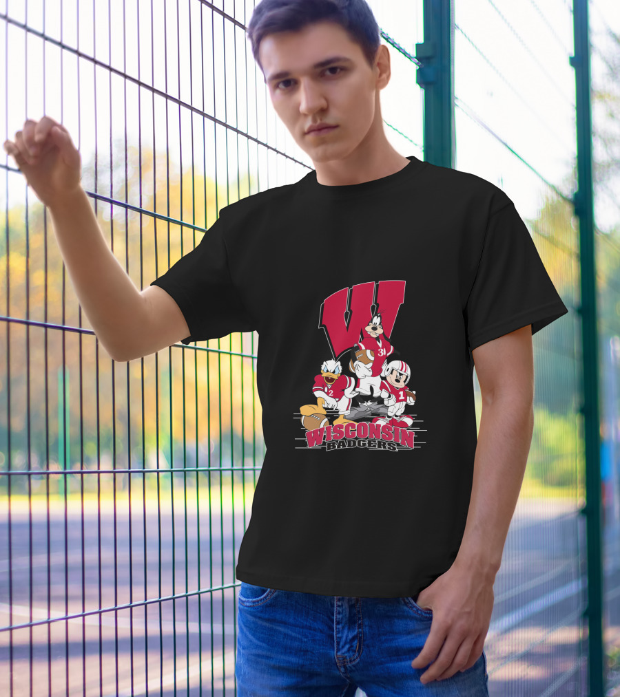 Wisconsin Badgers Donald Duck Goofy Mickey Mouse Football T-Shirt
