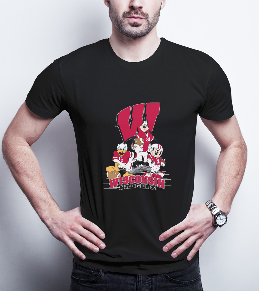 Wisconsin Badgers Donald Duck Goofy Mickey Mouse Football T-Shirt
