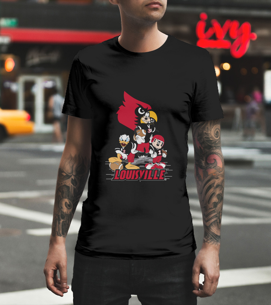 Louisville Cardinals Disney Characters Mickey Donald Goofy Football T-Shirt