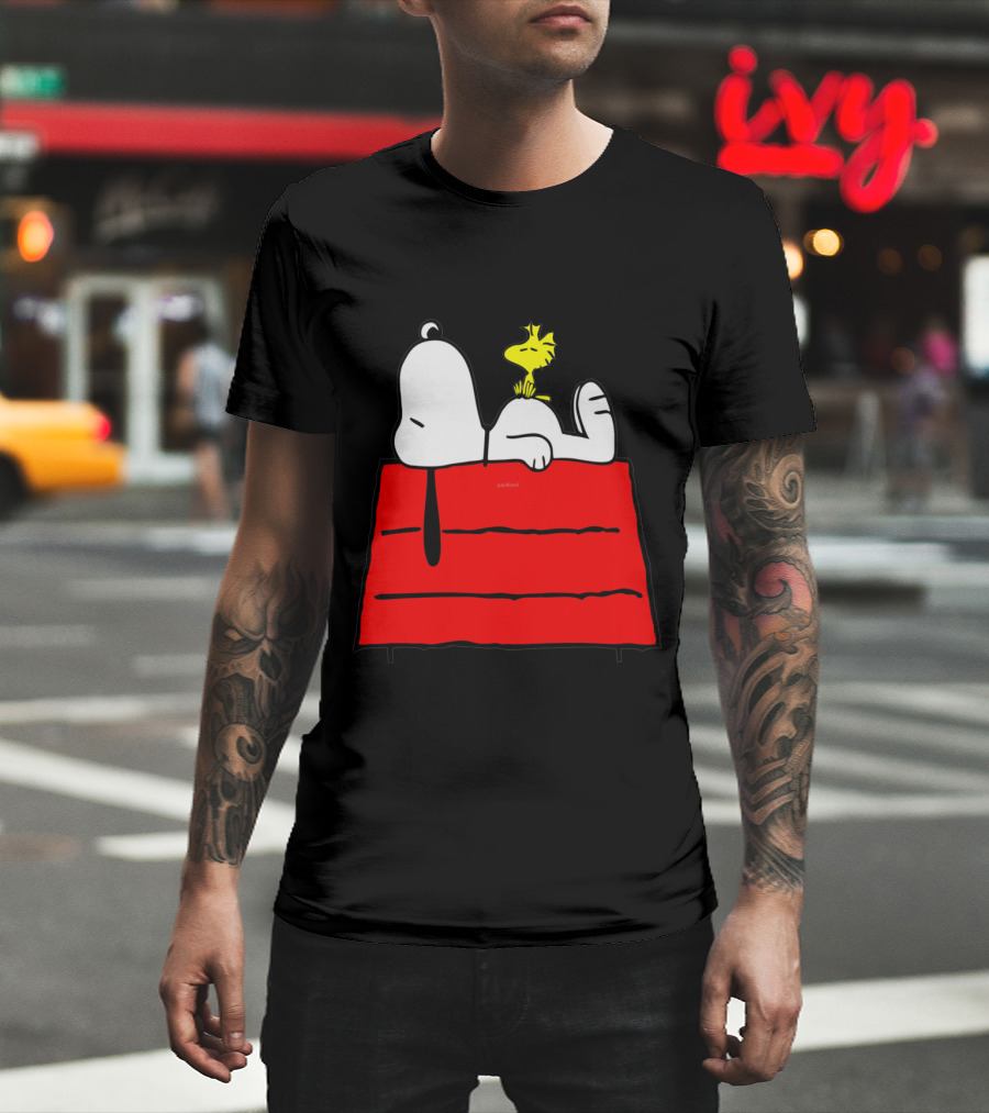 Snoopy Sleeping On Red Doghouse With Woodstock T-Shirt