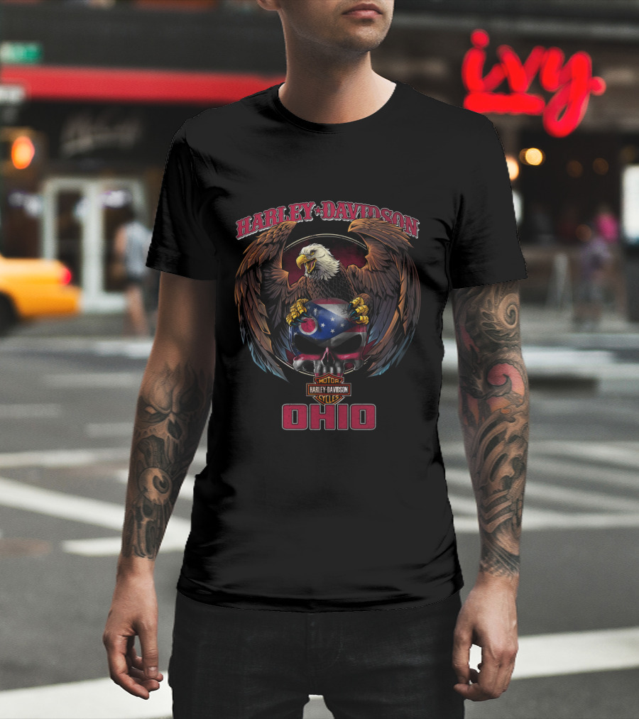 Harley Davidson Ohio Bald Eagle Skull Motorcycle Cycles T-Shirt