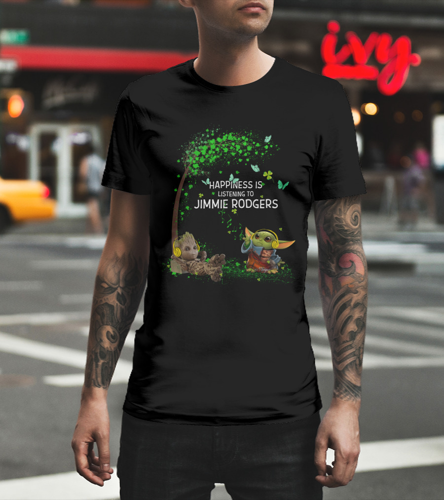 Happiness Is Listening To Jimmie Rodgers Baby Alien And Tree Creature With Headphones T-Shirt