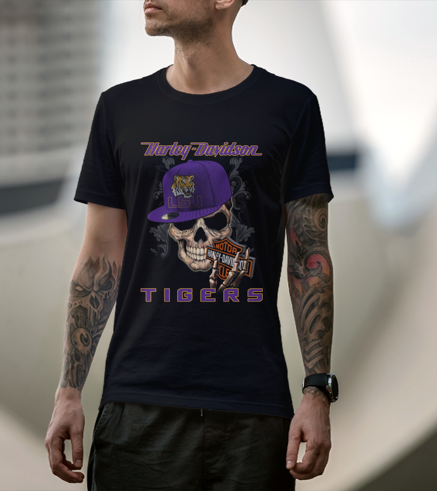 Harley Davidson Lsu Tigers Skull Hat T-Shirt