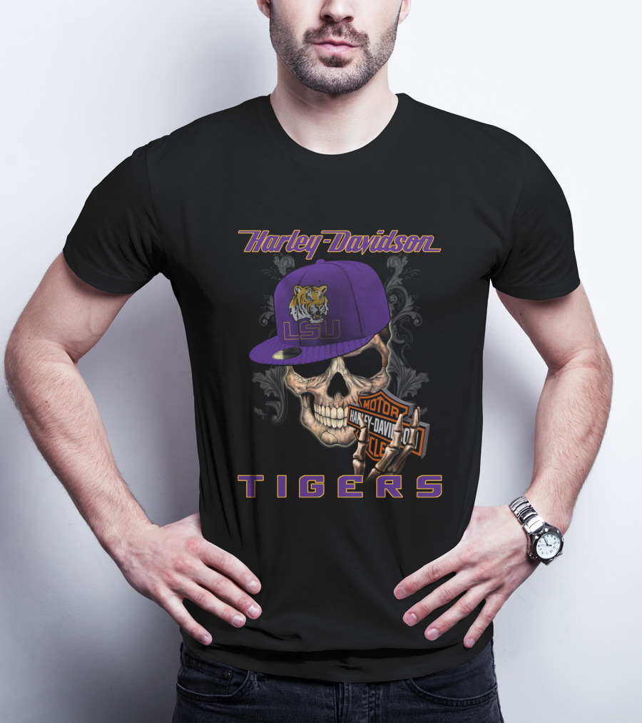 Harley Davidson Lsu Tigers Skull Hat T-Shirt