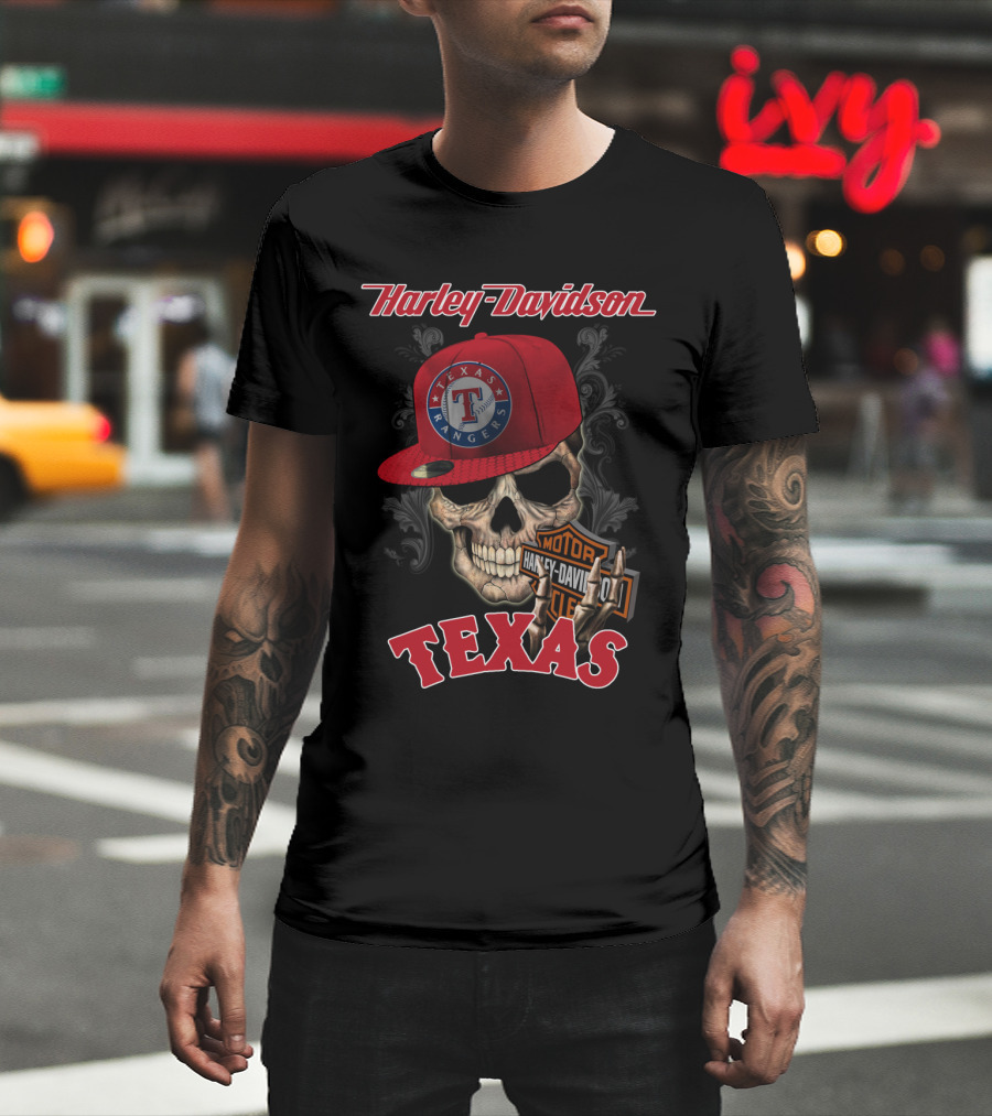 Harley Davidson Texas Skull With Texas Rangers Cap T-Shirt