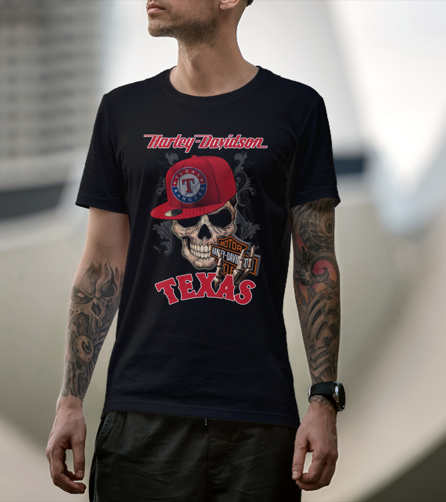 Harley Davidson Texas Skull With Texas Rangers Cap T-Shirt