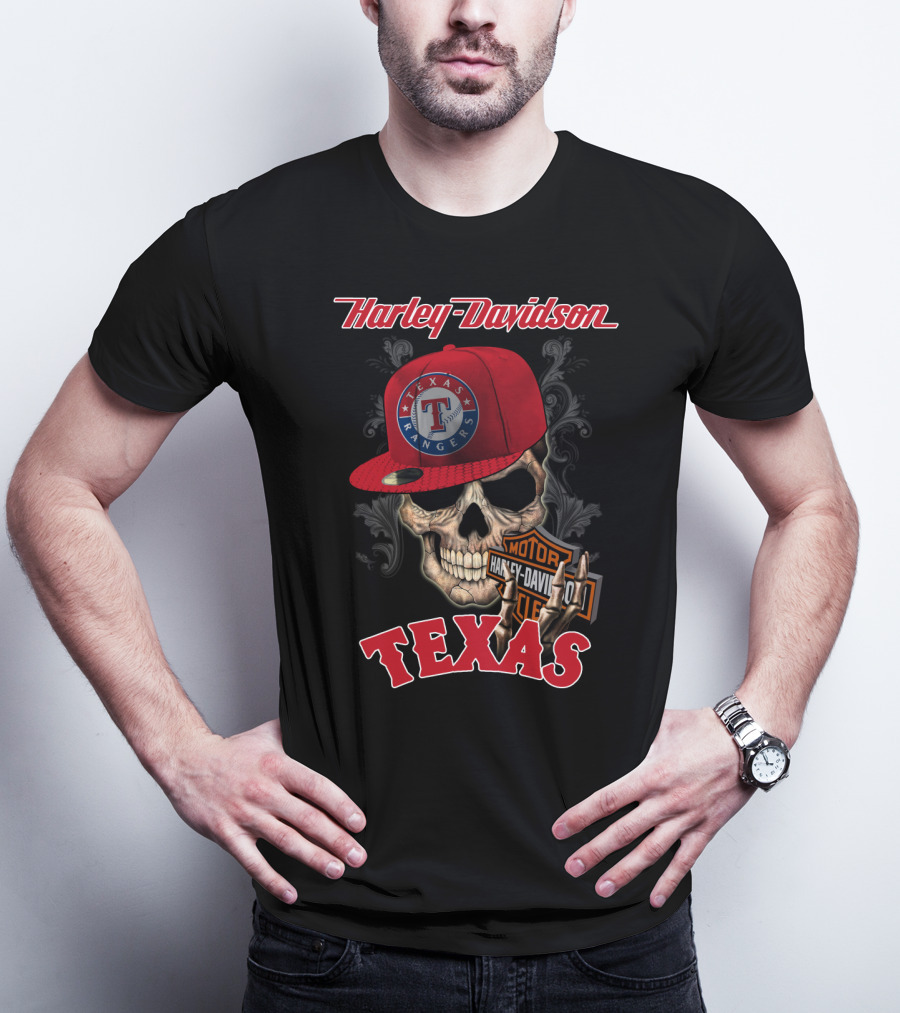 Harley Davidson Texas Skull With Texas Rangers Cap T-Shirt