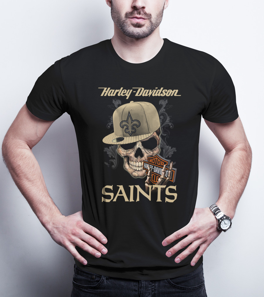 Harley Davidson Saints Skull New Orleans Fleur-De-Lis Moto T-Shirt