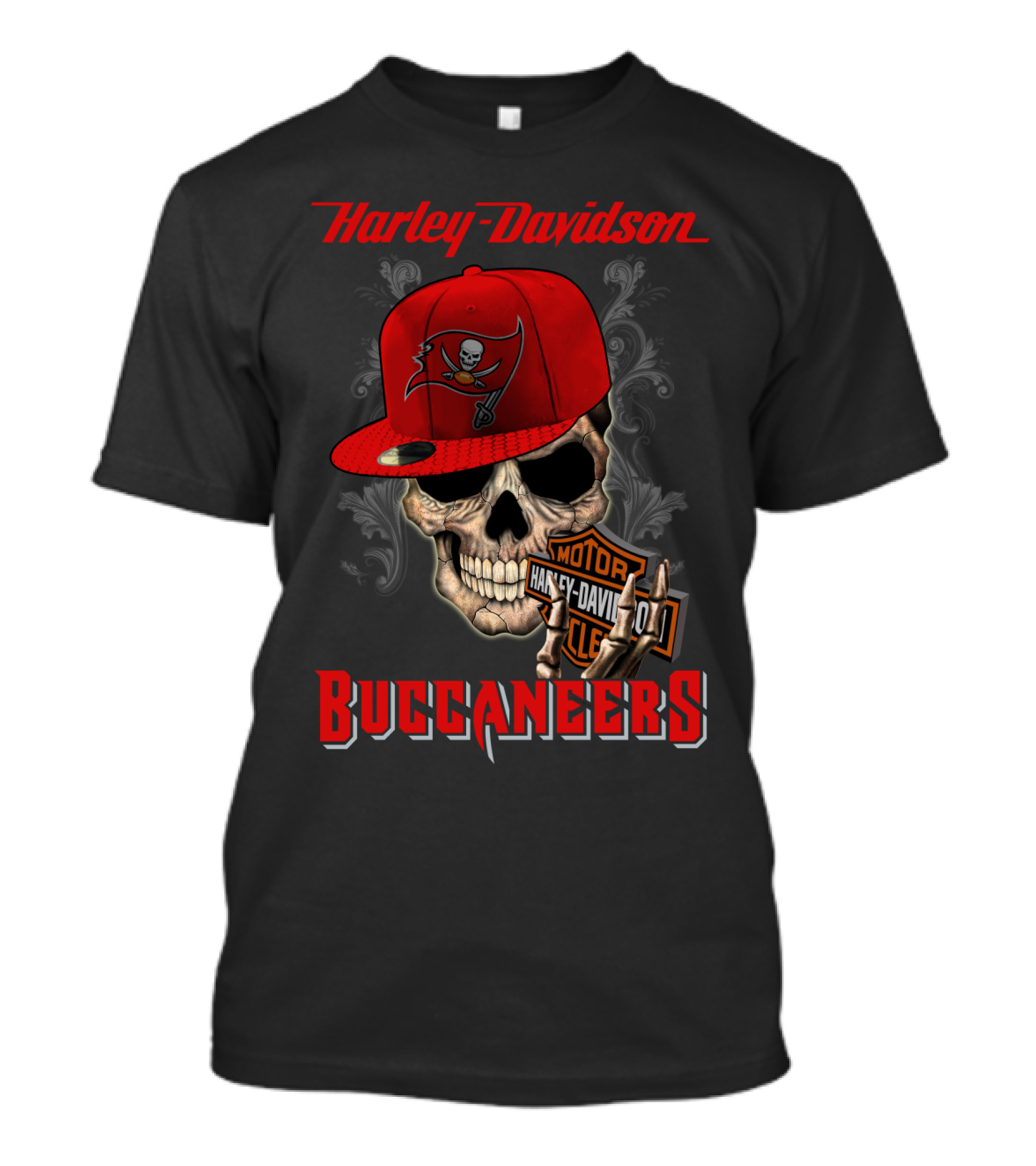 Harley Davidson Buccaneers Skull With Motorcycle Logo Tampa Bay Buccaneers T-Shirt