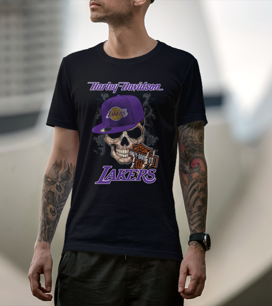Harley Davidson Los Angeles Lakers Skull עם כובע Nba1 T-Shirt