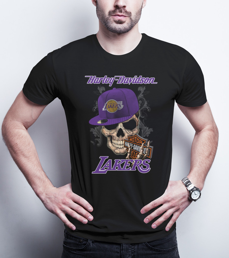 Harley Davidson Los Angeles Lakers Skull עם כובע Nba1 T-Shirt