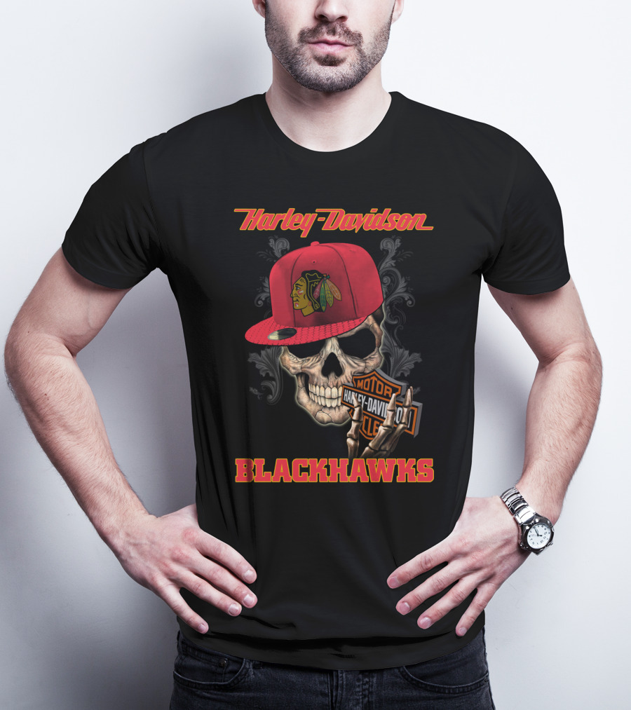 Harley Davidson Skull With Chicago Blackhawks Cap And Motor Cycle T-Shirt