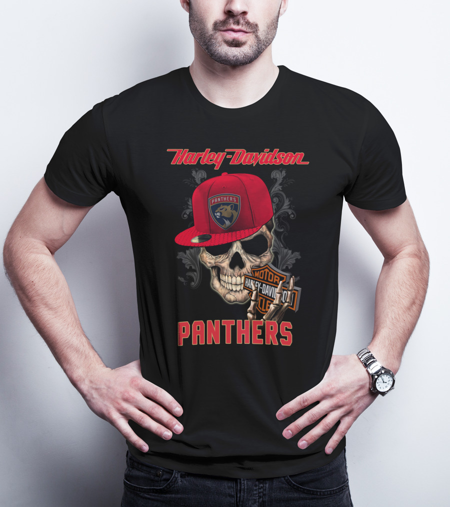 Harley Davidson Skull Florida Panthers Logo With Cap And Motorcycle Badge T-Shirt