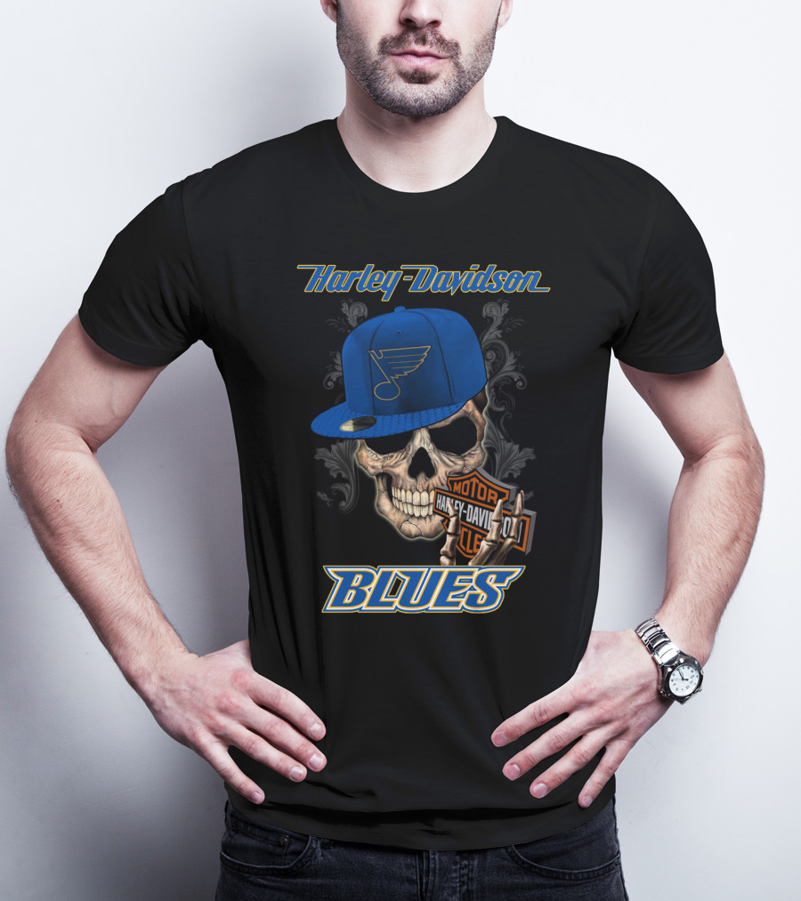 Harley Davidson St Louis Blues Skull Hat Nhl T-Shirt