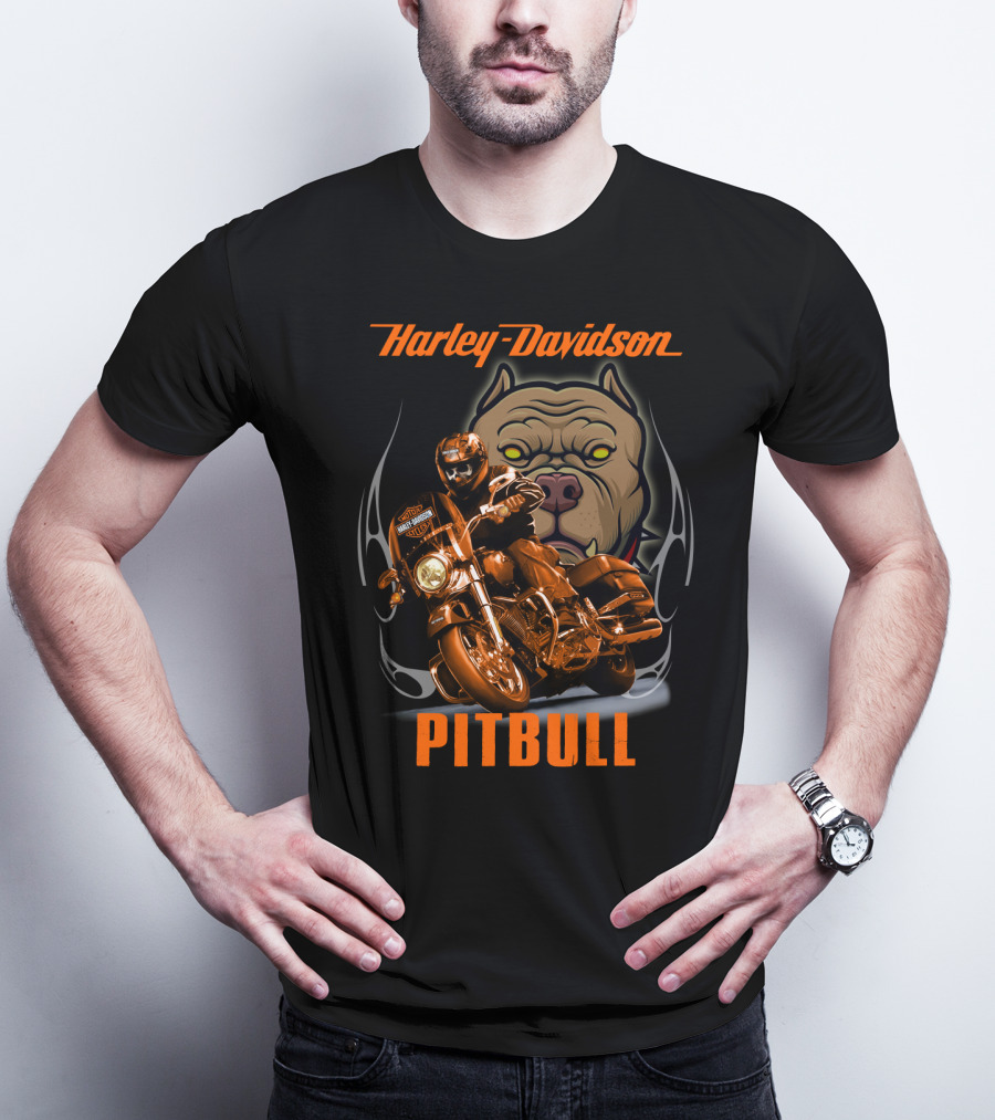 Harley Davidson Pitbull Motorcycle Rider With Dog T-Shirt