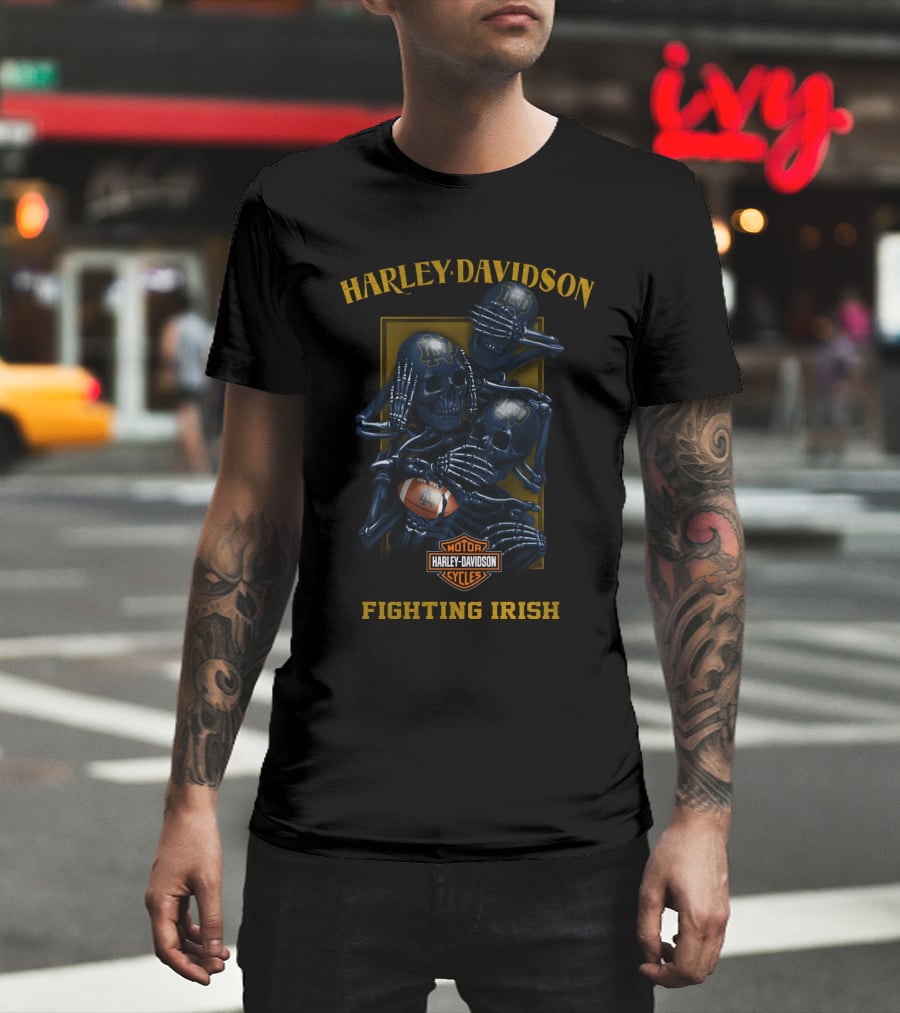 Harley Davidson Notre Dame Fighting Irish Skulls Motor Cycles T-Shirt