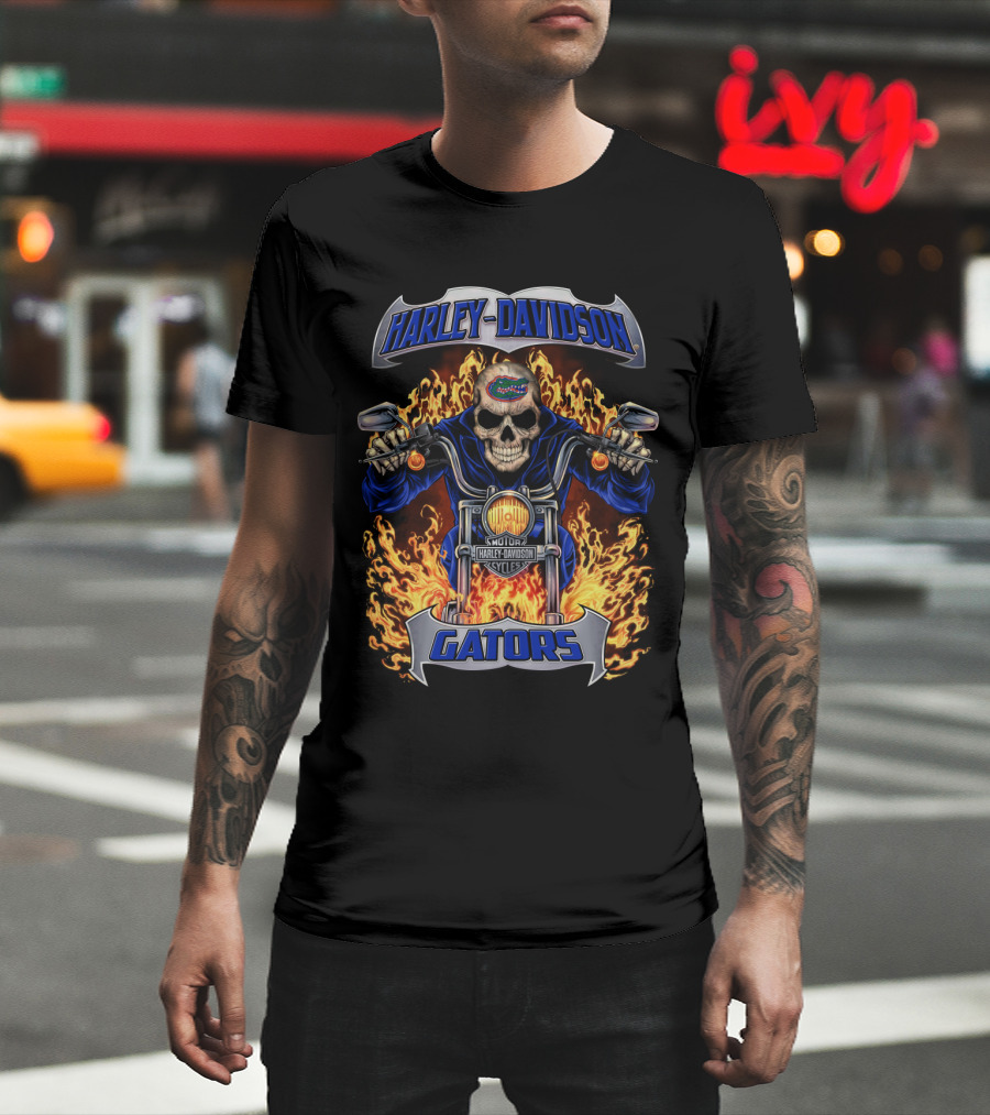 Harley Davidson Florida Gators Skull Motorcycle Flames T-Shirt