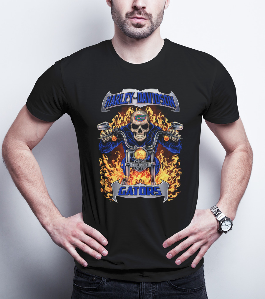 Harley Davidson Florida Gators Skull Motorcycle Flames T-Shirt