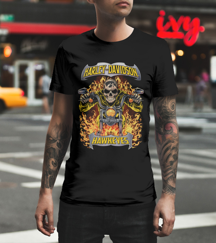 Harley Davidson Hawkeyes Iowa Ncaa Hl1502 Motorcycle Skull Flame T-Shirt