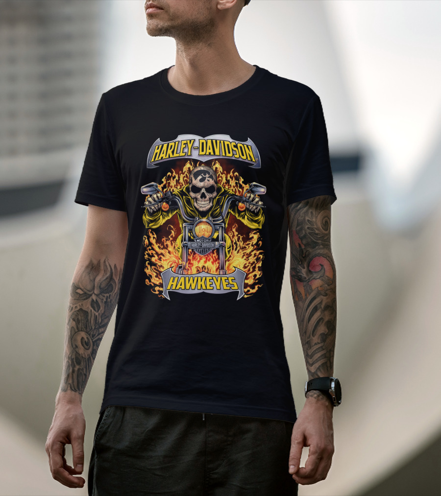 Harley Davidson Hawkeyes Iowa Ncaa Hl1502 Motorcycle Skull Flame T-Shirt