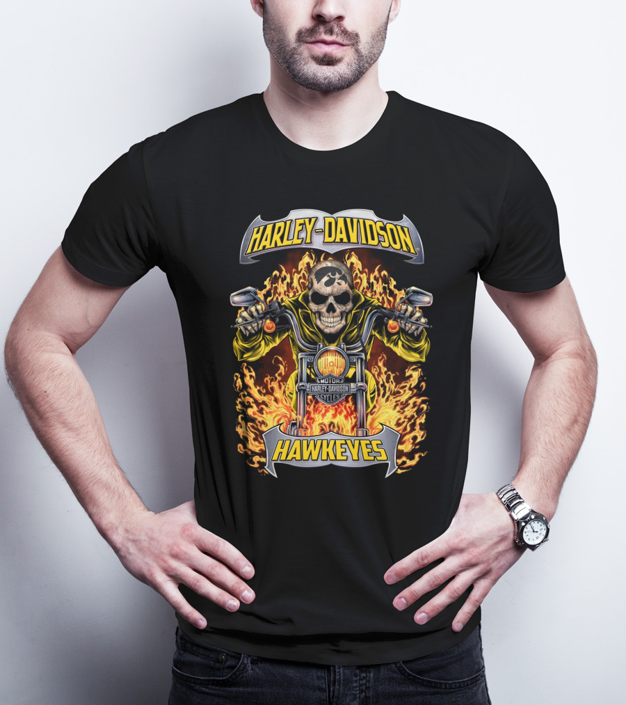 Harley Davidson Hawkeyes Iowa Ncaa Hl1502 Motorcycle Skull Flame T-Shirt