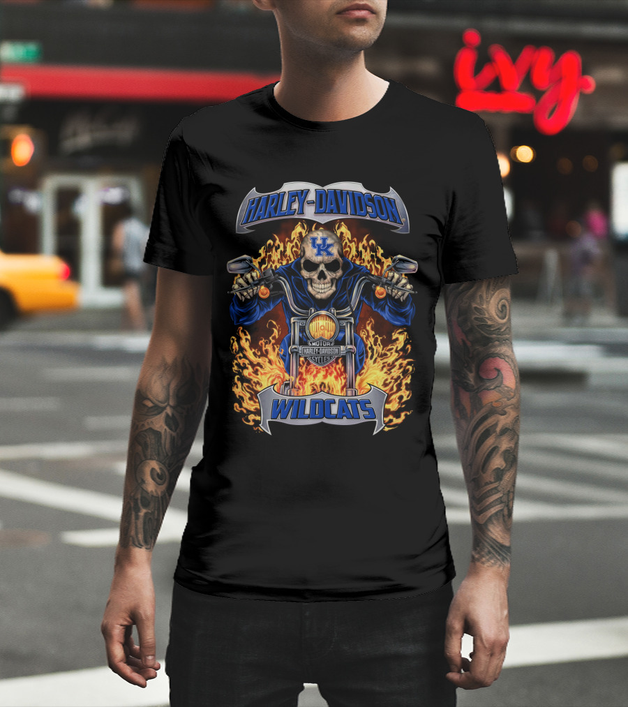 Harley Davidson Wildcats Kentucky Uk Motorcycle Flame Skull T-Shirt