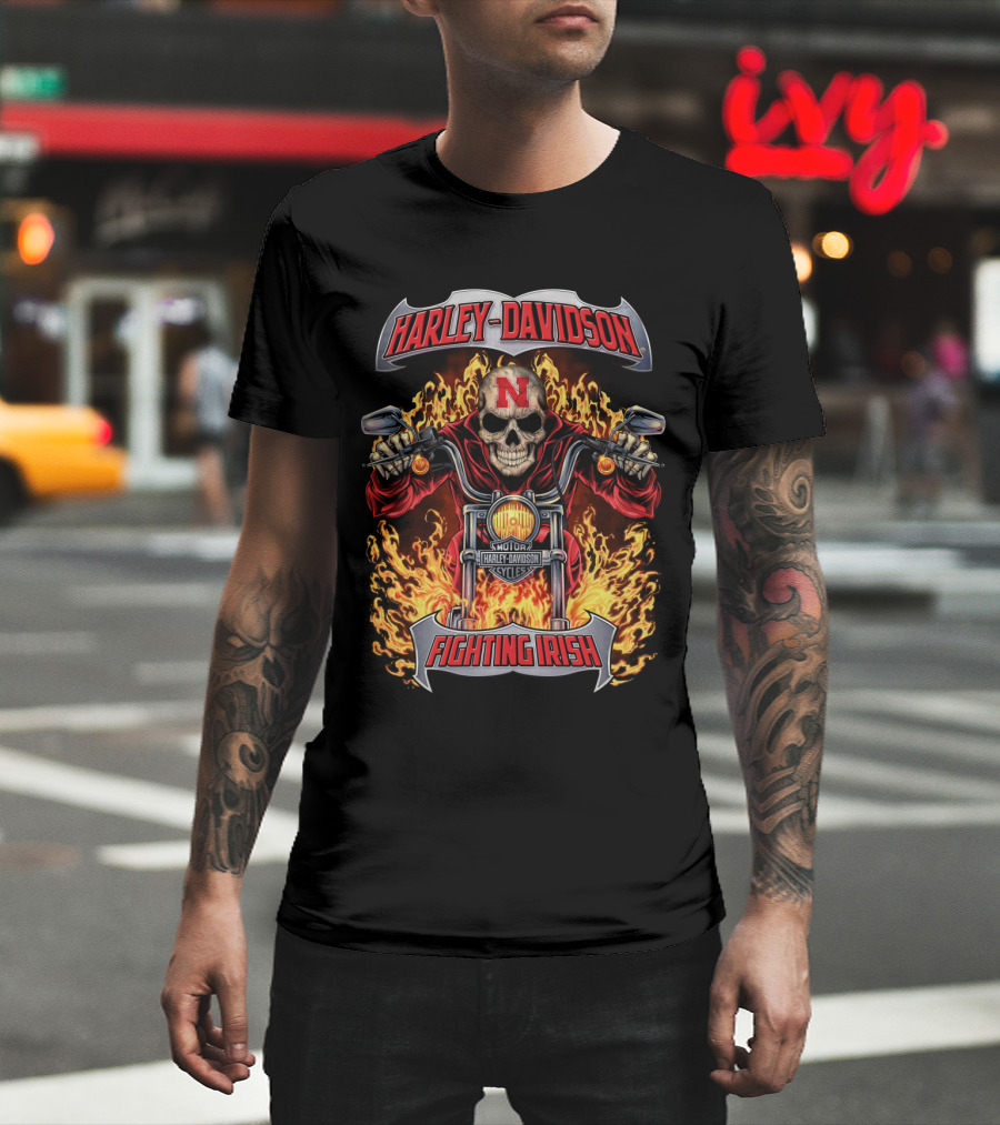 Harley Davidson Nebraska Cornhuskers Fighting Irish Skull On Fire T-Shirt
