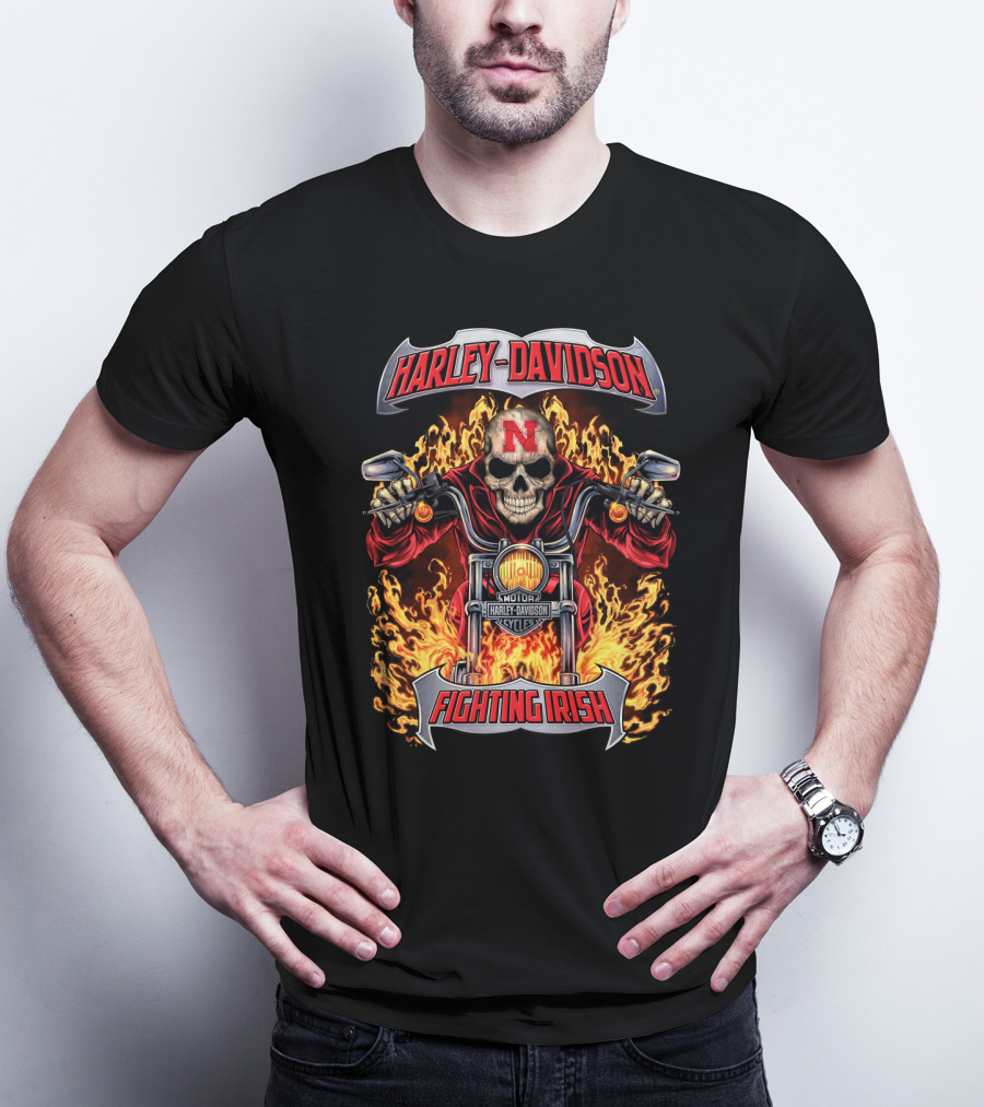 Harley Davidson Nebraska Cornhuskers Fighting Irish Skull On Fire T-Shirt