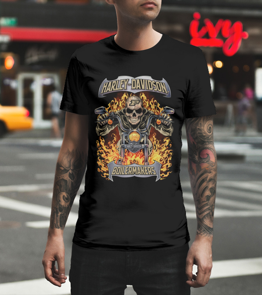 Harley Davidson Purdue Boilermakers Motorcycles Flame Skull T-Shirt